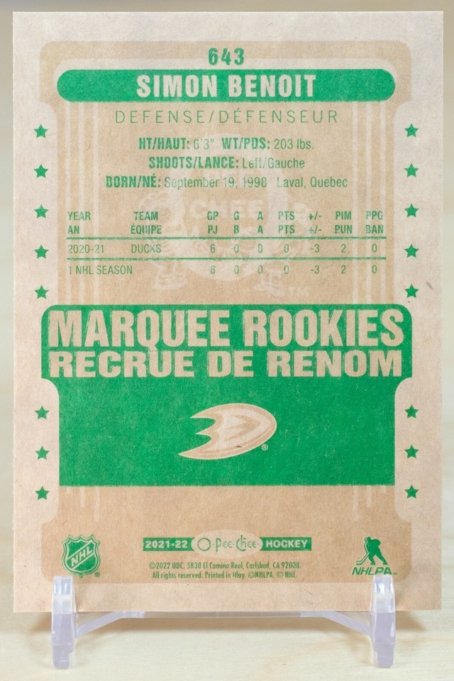 2021-22 Upper Deck OPC Marquee Rookies Retro #643 Simon Benoit ...