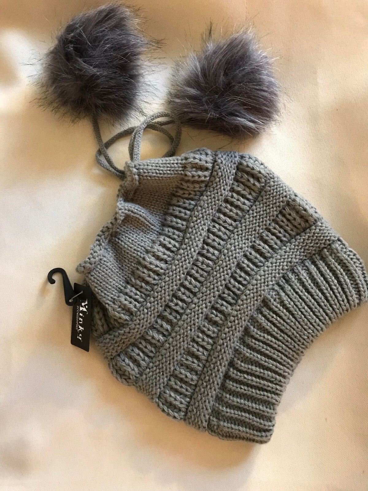 PONYTAIL BEANIE KNIT POM POM STRING HAT CAP DK GRAY MINKY | eBay