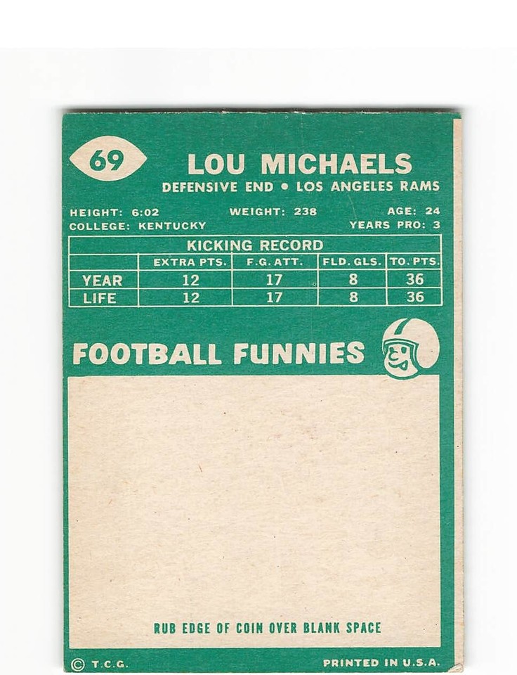 1960 TOPPS FOOTBALL LOU MICHAELS #69 LOS ANGELES RAMS MID HIGHER GRADE ...