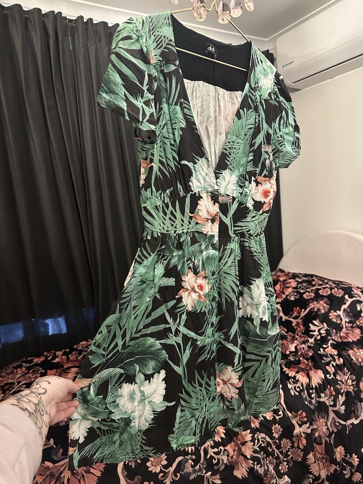 Dotti Size 14 Tropical Print Mini Dress Bird Jungle Linen Pockets Short ...