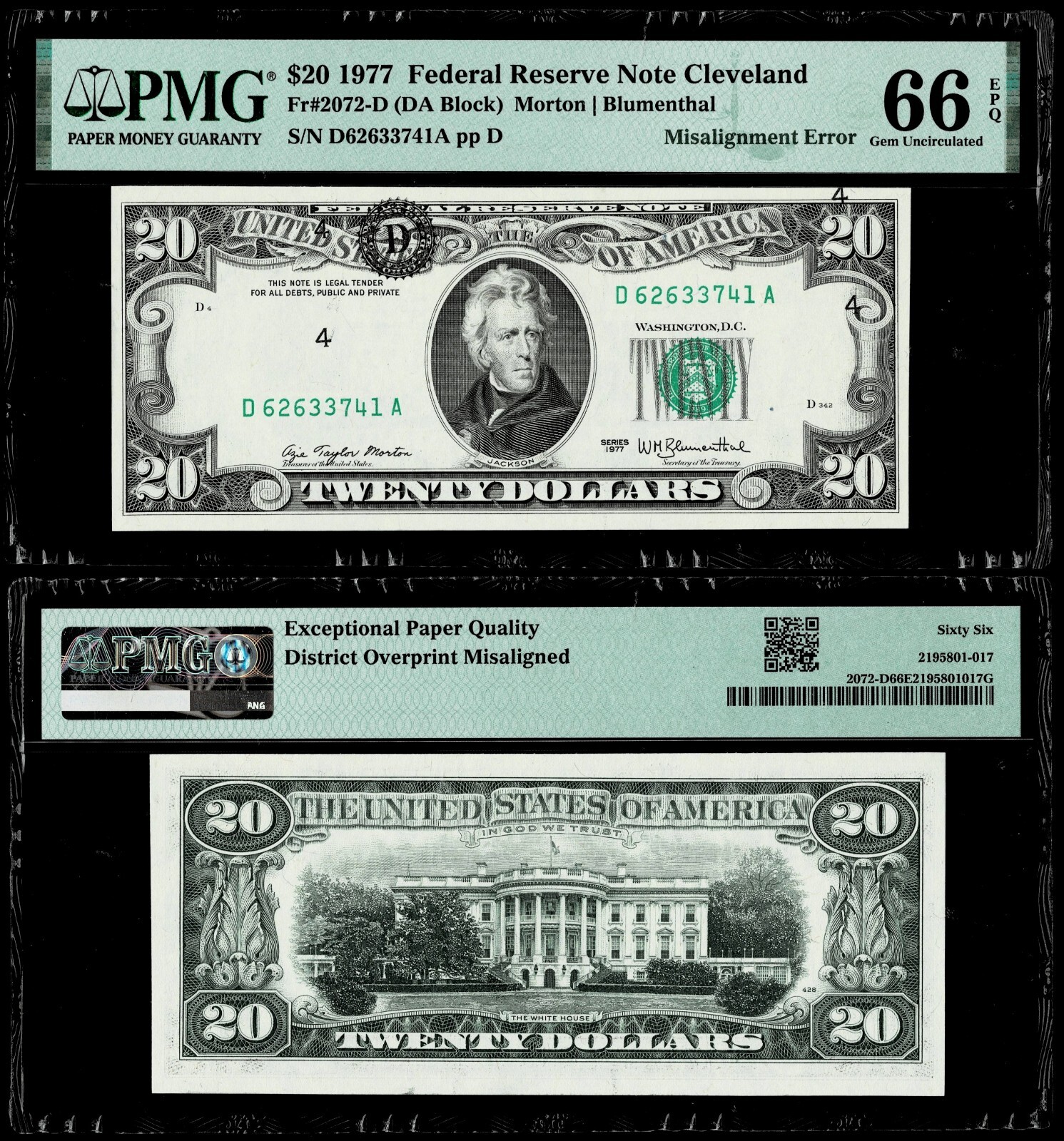 Misalignment Error FR.#2072-D 1977 $20 Federal Reserve Note,CLEVELAND ...
