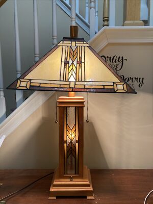 TIFFANY STYLE 2 Bulb & Night Light MISSION Table Lamp STAINED GLASS ...