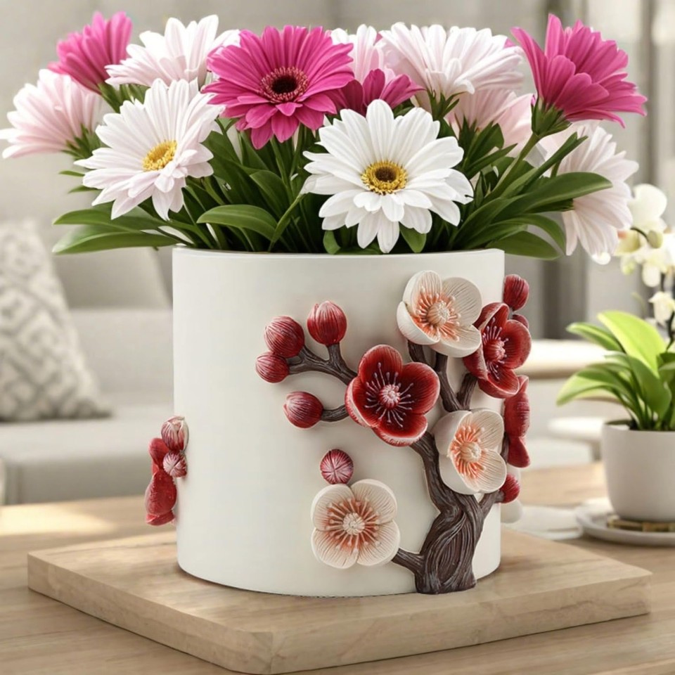 Flower Pot, 5 Inch Cute Plant Pots with Plum Blossom Design, Resin ...