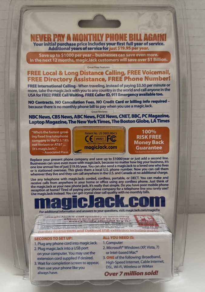 Magic Jack USB Phone Jack A921 Free Local & Long Distance Landline ...