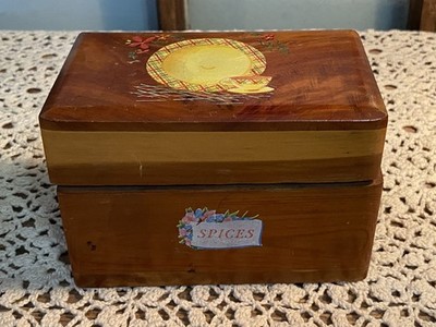 Vtg 60s WOOD RECiPE BOX kitchen decals -inside 100+ RECiPES handwritten ...