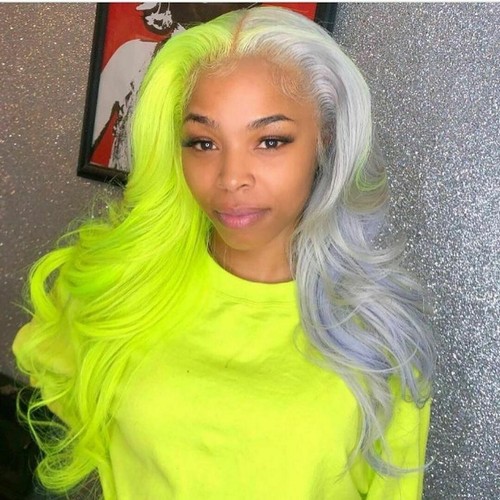 Fashion Wavy Half Green Half Yellow Lace Front Wig Two Tones Party Wig ...