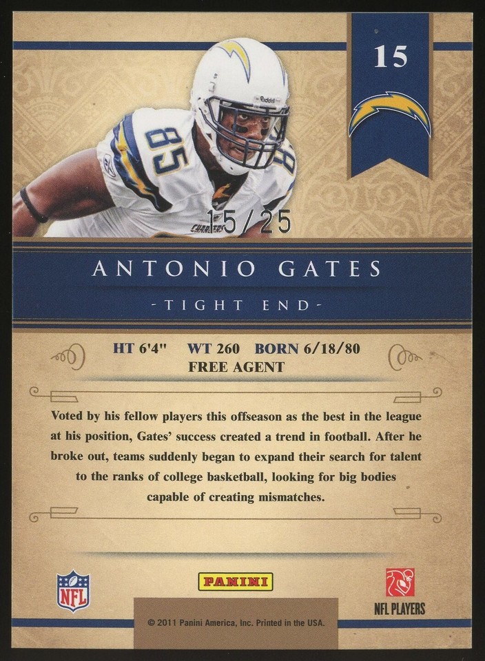Antonio Gates 2011 Gold Standard #15 Kent State Golden Flashes Platinum ...