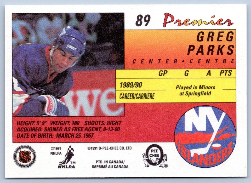 GREG PARKS RC 1990-91 O-PEE-CHEE PREMIER 90-91 NO 89 NRMINT+ 48703 | eBay