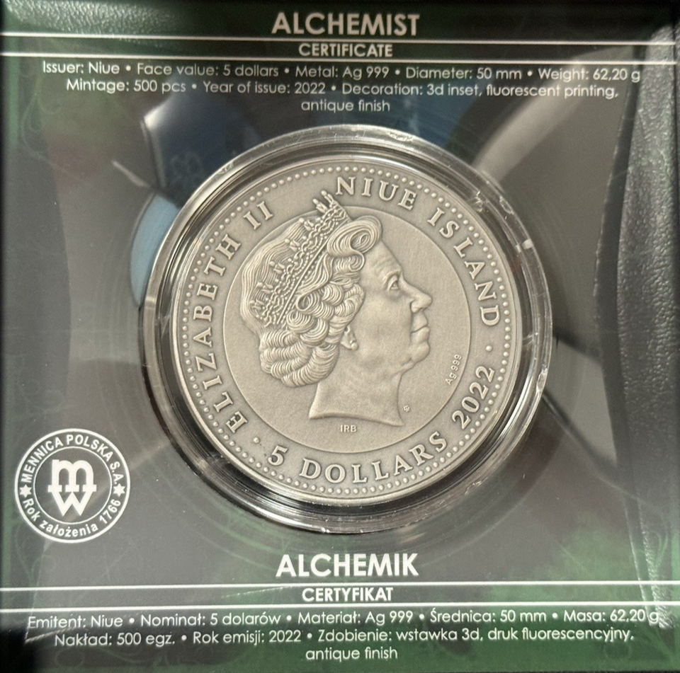 2022 2 Oz .999 Silver Niue $5 Alchemist High Relief Antiqued Coin With ...