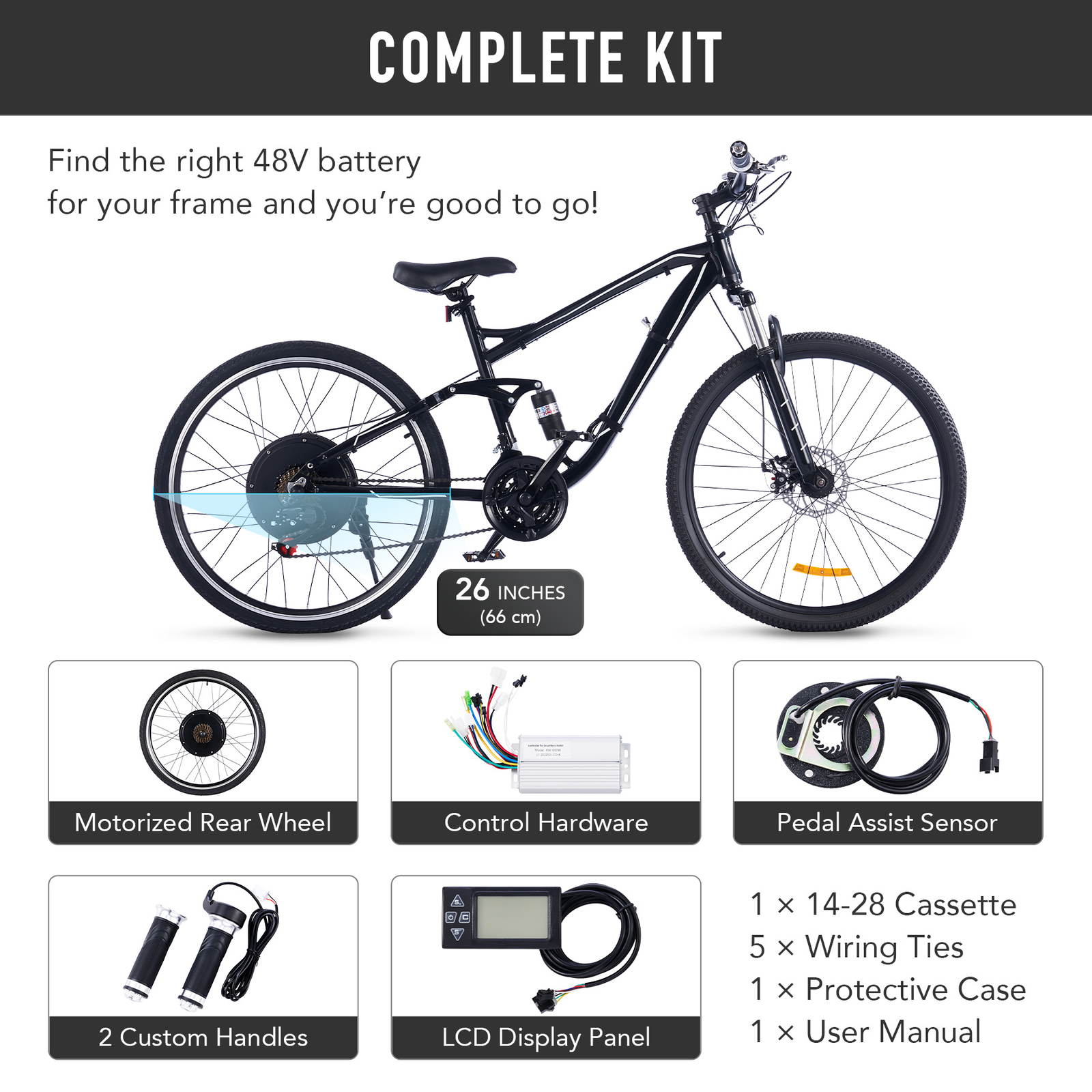1000W Electric Bicycle Conversion Kit 26 Inch E Bike Rear Wheel & LCD ...