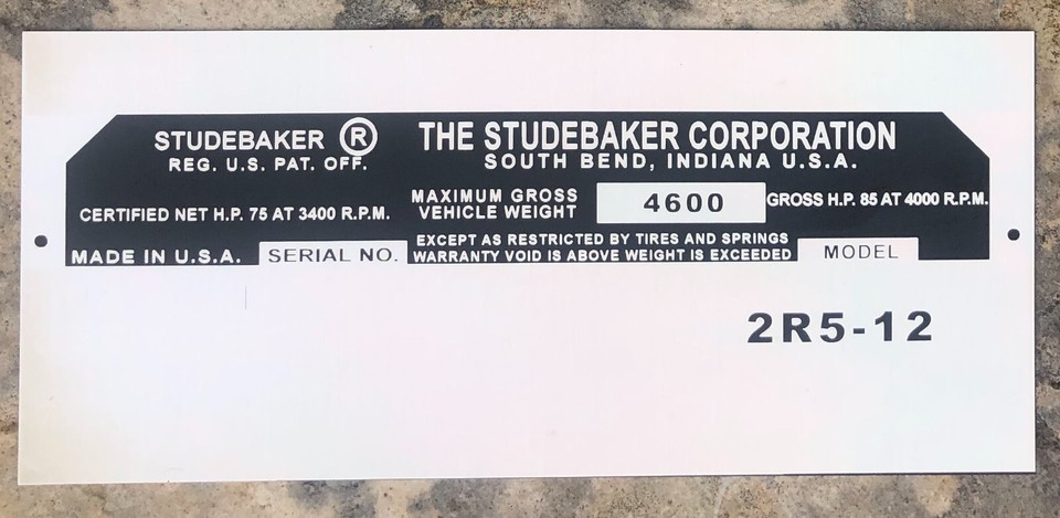 STUDEBAKER SERIAL NUMBER DATA PLATE ID TAG Oval Early mid 1920s 1923 ...