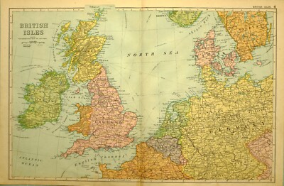 1905 ANTIQUE MAP ~ BRITISH ISLES ENGLAND BELGIUM HOLLAND GERMANY ...