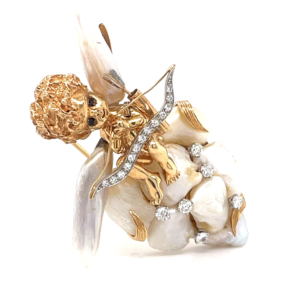 Ruser Mississippi River Pearl Diamond Sapphire and 14k Gold Cherub ...