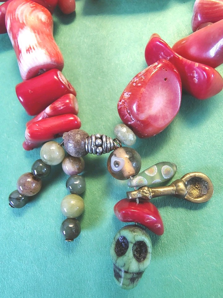 Chunky RED CORAL & Glass, Jasper, Crystal & Howlite Skeleton Stretch ...