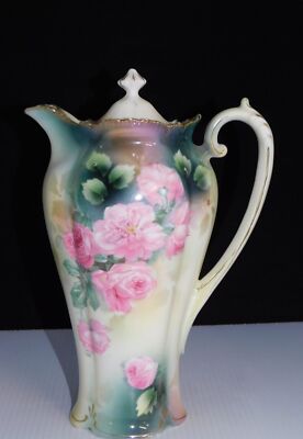 OLD RS PRUSSIA CHOCOLATE POT PINK FLUFFLY ROSES FLOWERS READ | eBay