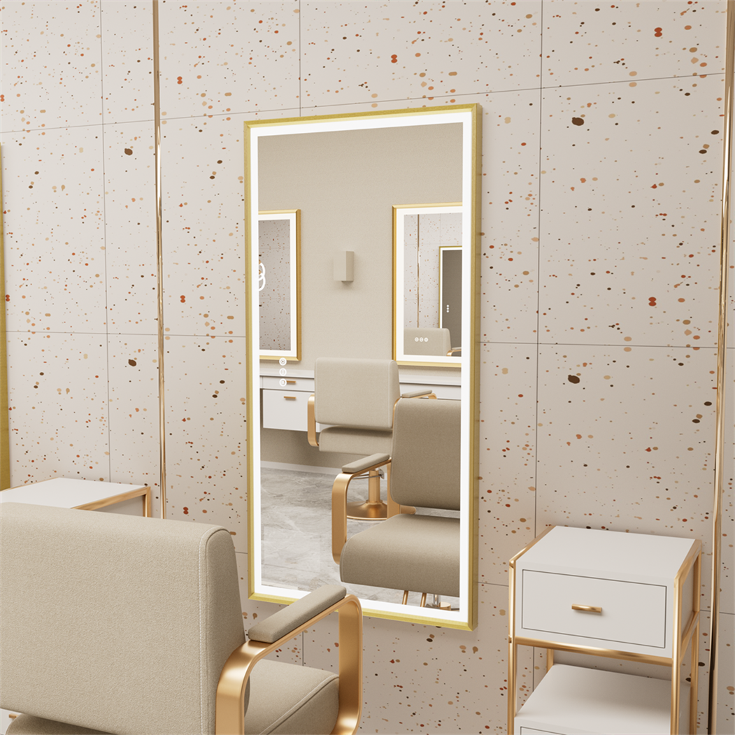 Gold Frame Lighted LED Bathroom Mirror Aluminum Alloy Beveled Edge ...