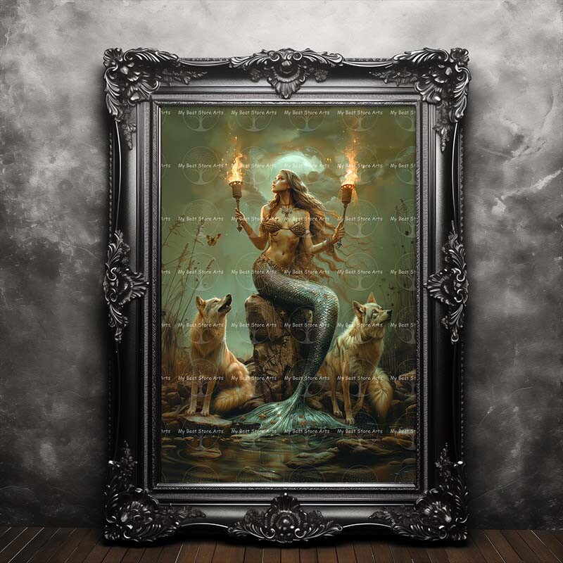 HECATE MERMAID WOLF DOGS ART PRINT, Night Queen Poster Witchy Fantasy ...