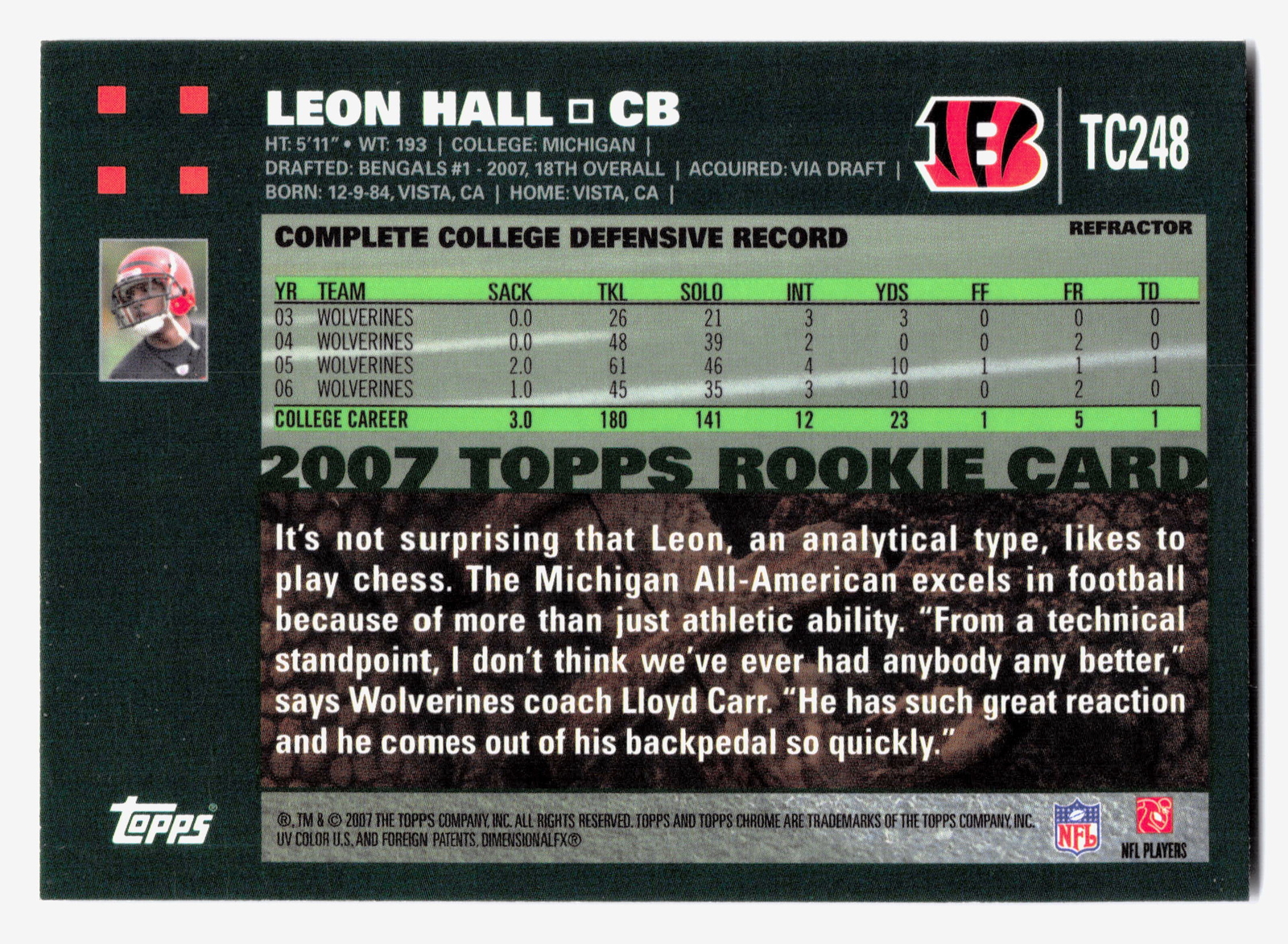 2007 Topps Chrome - Refractor #TC248 Leon Hall (RC) for sale online | eBay