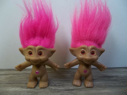 2 troll dolls with pink hair jewel in belly button 4" high doll Ace ...