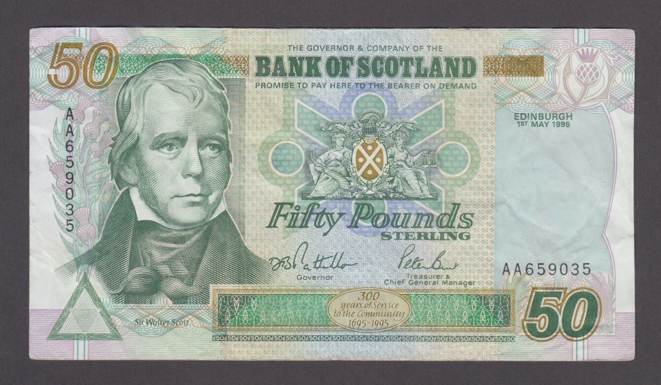 SCOTLAND P.122a-9035 BANK OF SCOTLAND 50 POUNDS 1-5-1995 PFX AA VF 2401 ...