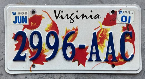 2001 Virginia License Plate - RECALLED LEAVES VERSION - 2996 AAC - READ ...