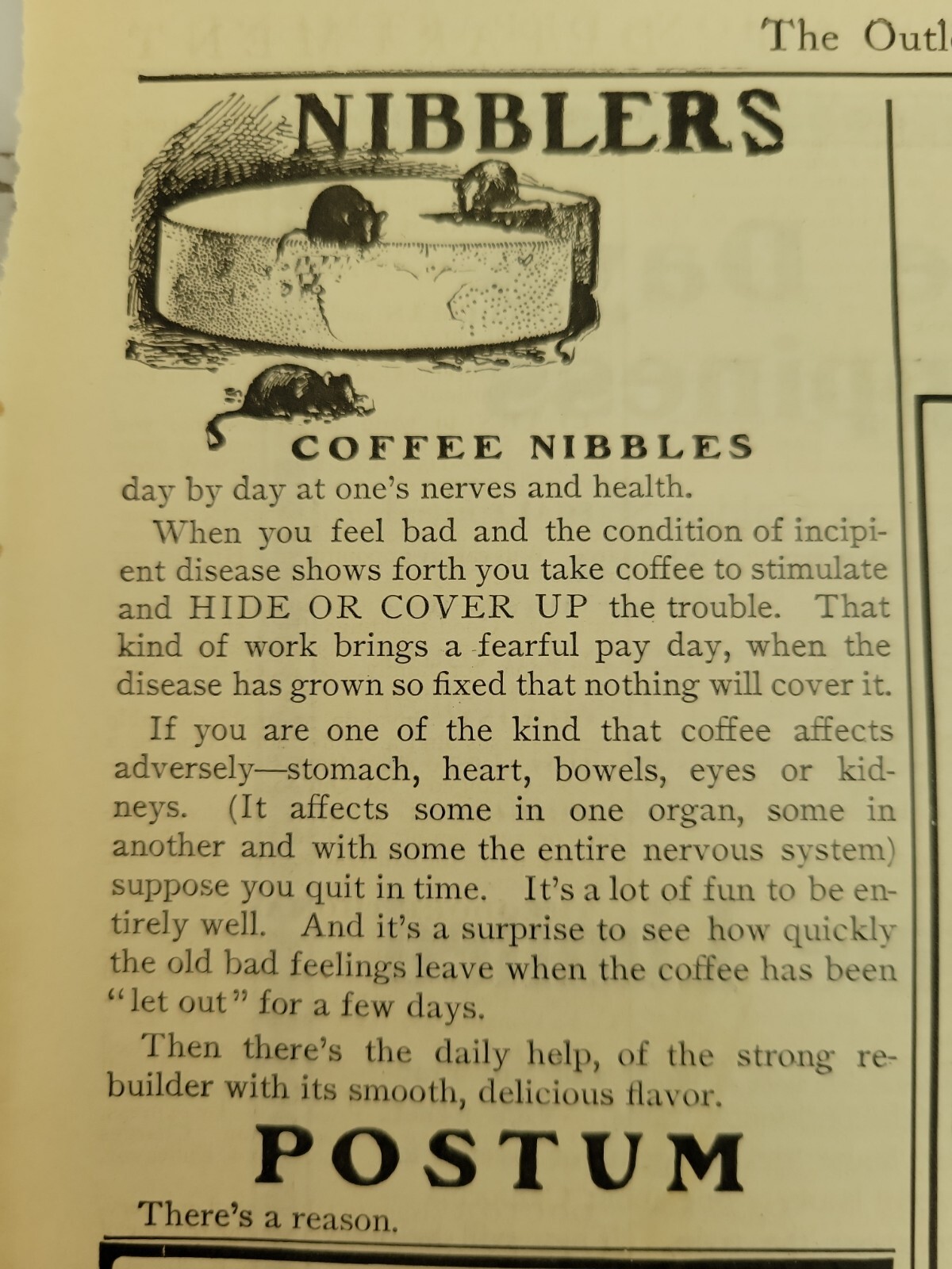 1905 Postum coffee nibbles nerves mice eating cheese vintage ad | eBay