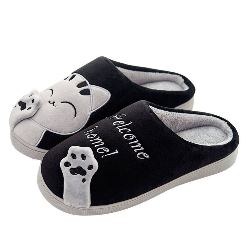 Unisex Cute Cat Plush Slippers Indoor Winter Warm Soft Anti-Slip House ...