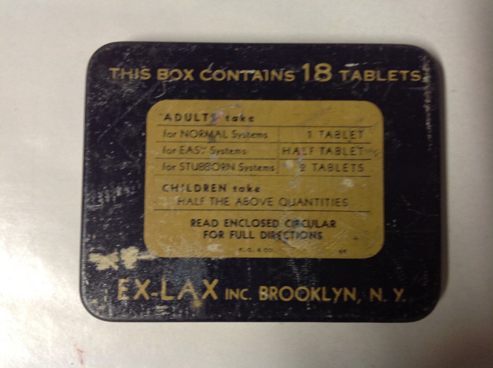 VINTAGE EX-LAX THE CHOCOLATE LAXATIVE TIN-18 TABS FOR 25 CENTS-BROOKLYN ...