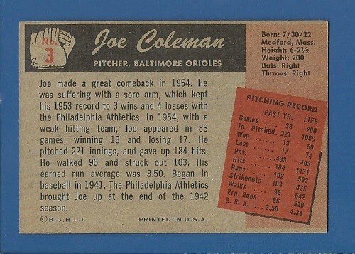 1955 BOWMAN # 3 JOE COLEMAN BALTIMORE ORIOLES EXMT | eBay
