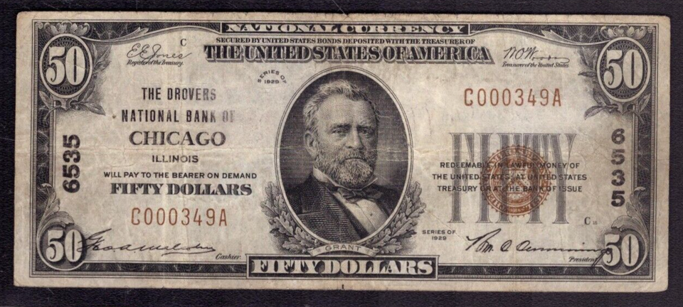 1929 $50 DROVERS NATIONAL BANK NOTE CURRENCY CHICAGO ILLINOIS PCGS B VF ...