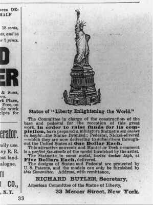 Statue of 'Liberty Enlightening the World',July 1885,Advertisement ...
