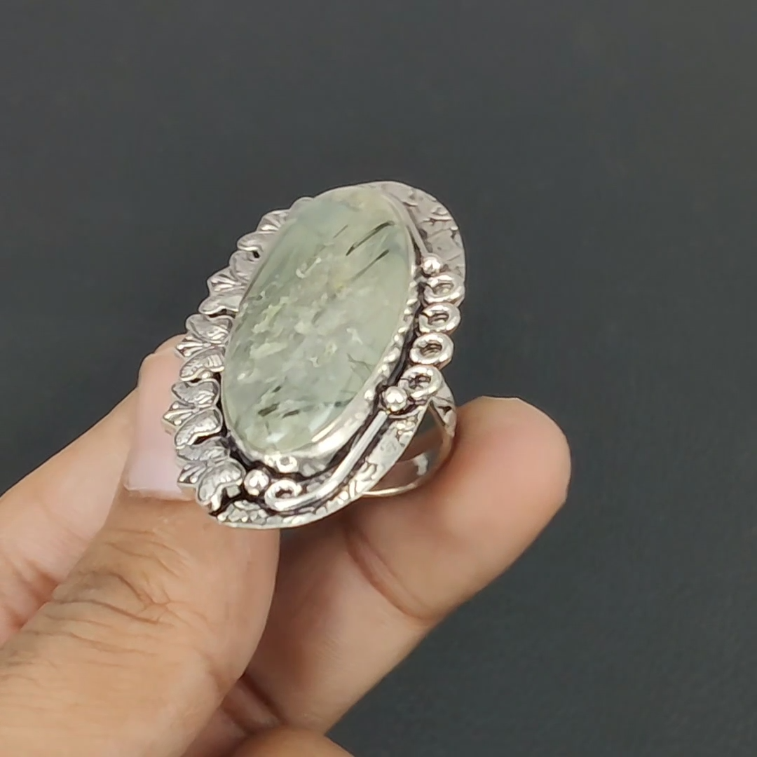 Natural Moss Prehnite Gemstone Statement Ring Size 7.5 925 Silver For ...