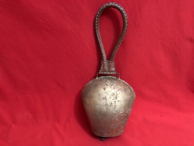 HUGE GOAT SHEEP LAMB BELL WITH LEATHER COLLAR ARTISANAL PRIMITIVE ROUND ...