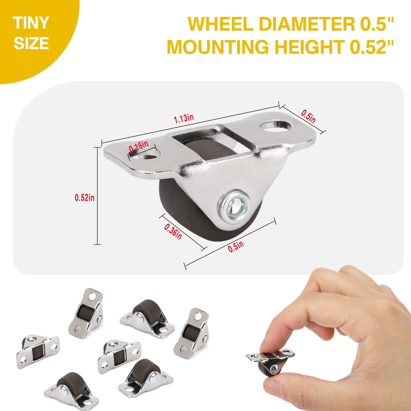 8Pcs 1/2 Inch Mini Caster Wheels Low Profile Self Adhesive Single ...