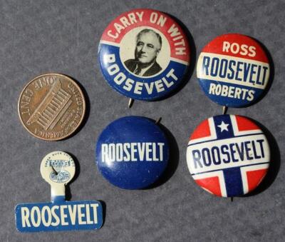 1936 & 1940 Franklin D Roosevelt for President 5 pin & tab set Carry On ...