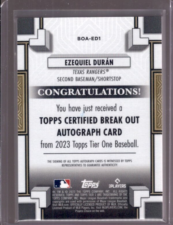 EZEQUIEL DURAN 2023 Topps Tier One Breakout #ED1 Rookie RC Autograph ...