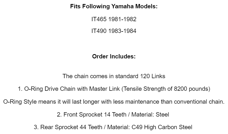 Black O-Ring Drive Chain & Sprockets Kit for Yamaha It465 81 82 / It490 ...