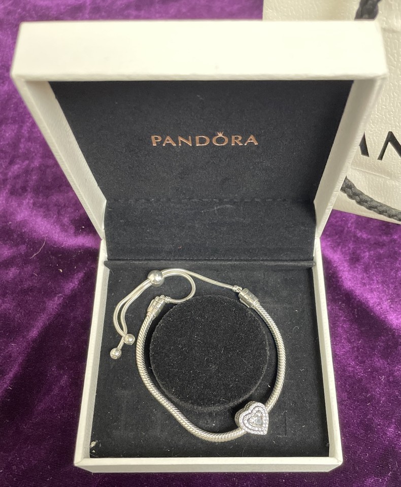 925 Sterling Silver Pandora Bracelet w/Sparking Heart Charm w/Pandora ...