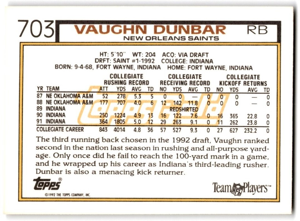 1992 Topps Gold Vaughn Dunbar RC New Orleans Saints #703 | eBay