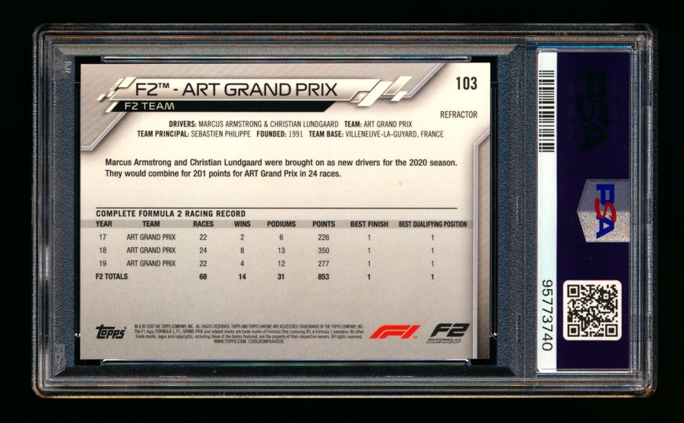 2020 TOPPS CHROME F1 #103 ART GRAND PRIX F2 TEAM RC REFRACTOR PSA 10 ...