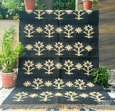 Black Floral Kilim Rug Handmade Vintage Aztec Nordic Oriental Motif ...