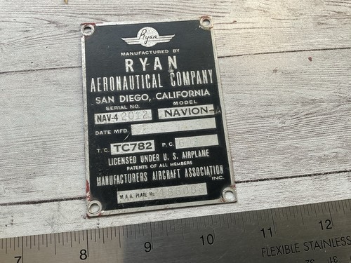 ORIGINAL POST WWII C.1950 RYAN NAVION AIRCRAFT SPEC DATA NAME PLATE | eBay