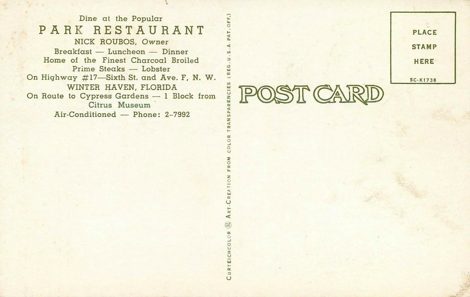 Park Restaurant Postcard Vintage Winter Haven Florida Unused Nick ...