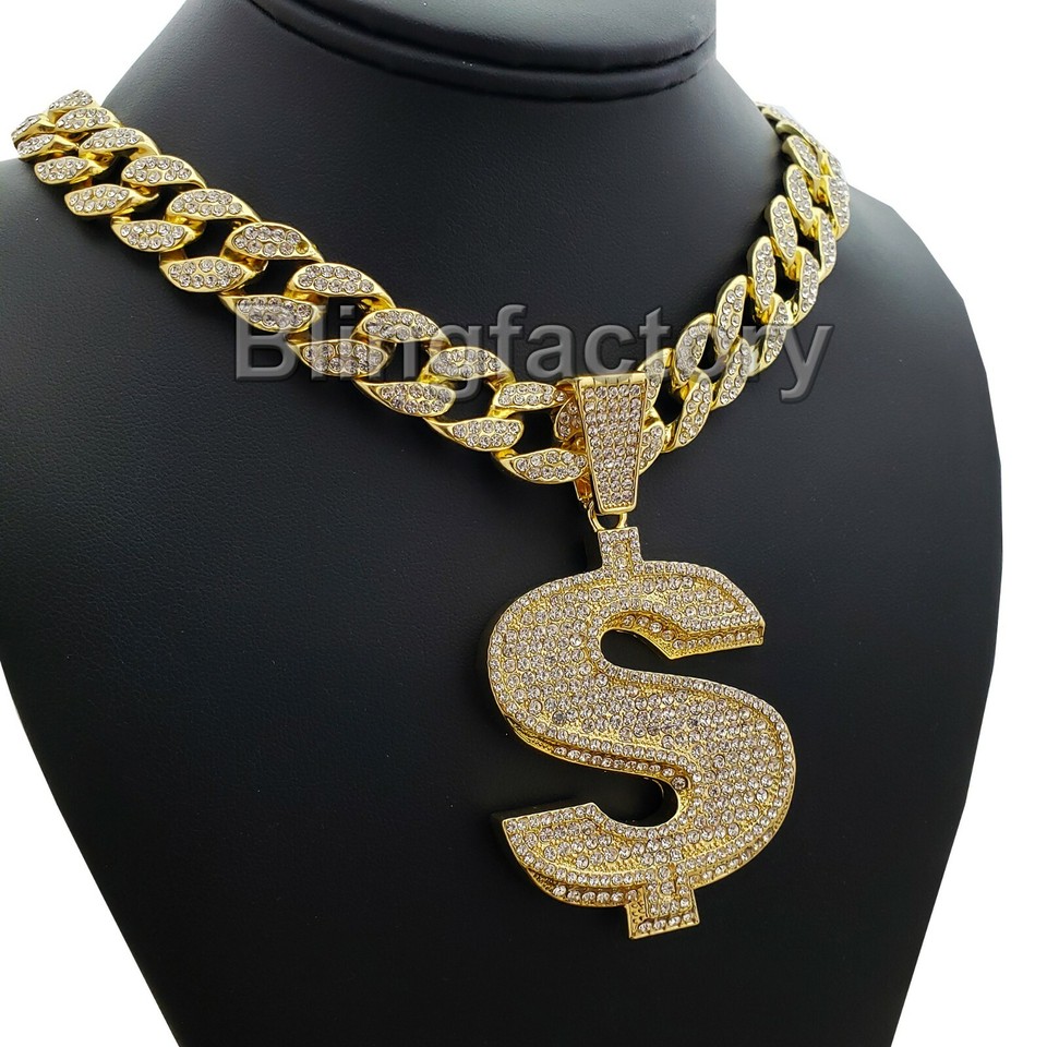 Hip Hop Iced $ Dollar Pendant & 15mm 18" Iced Cuban Choker Chain Bling ...