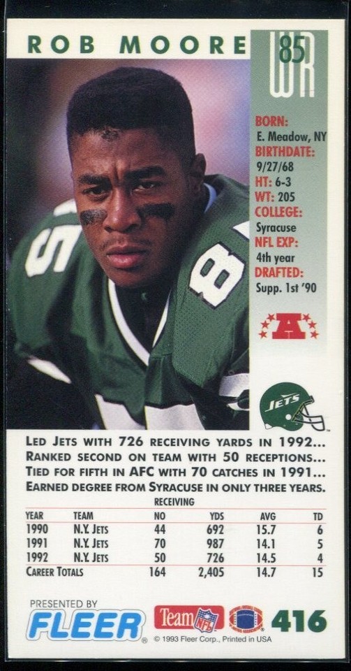 1993 Fleer GameDay Tall Boy Rob Moore #416 New York Jets | eBay
