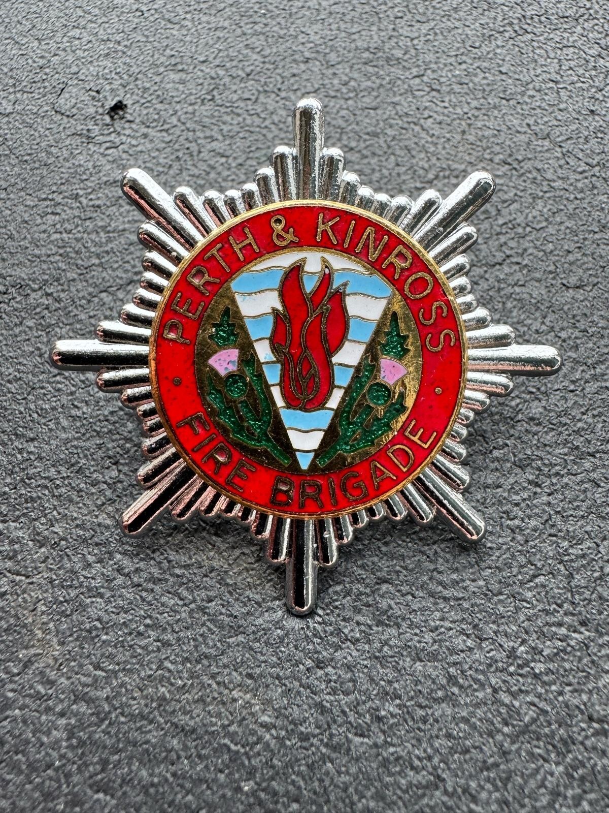OBSOLETE Perth & Kinross Fire Brigade Coat of Arms Crest Enamel Cap Hat ...