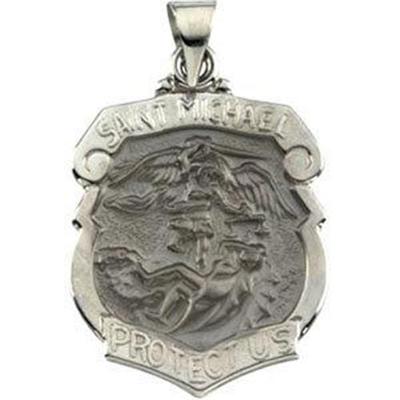 MRT St Michael Badge 14K Hollow White Gold Pendant Medal Necklace 1" w ...