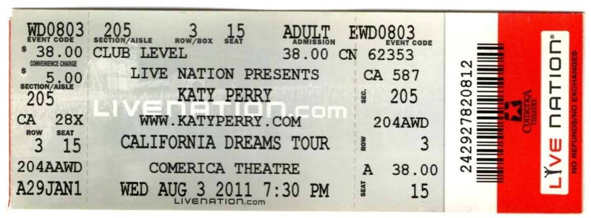 2011 KATY PERRY concert ticket CALIFORNIA DREAMS TOUR Comerica Theatre ...