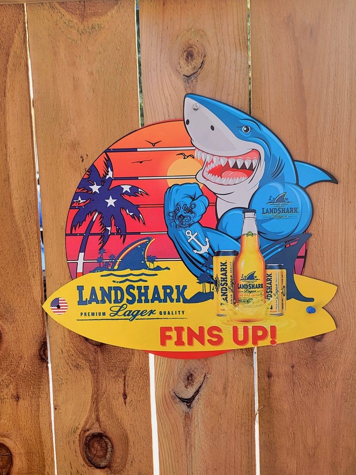 LANDSHARK SURFBOARD Fins Up Metal Sign 14" x 16" Mancave Bar Pub Décor ...