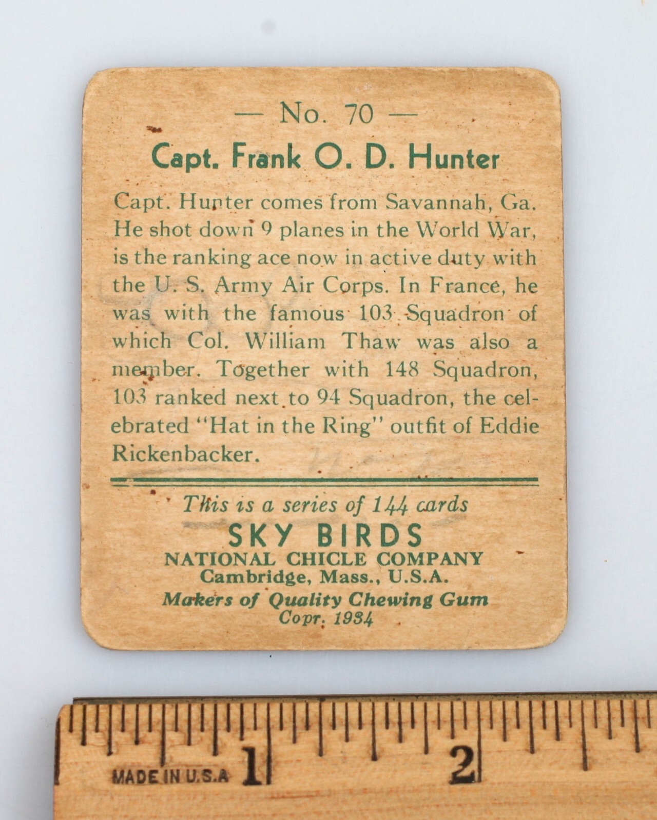 Vintage 1934 Sky Birds Trading Card Capt. Frank Hunter National Chicle ...
